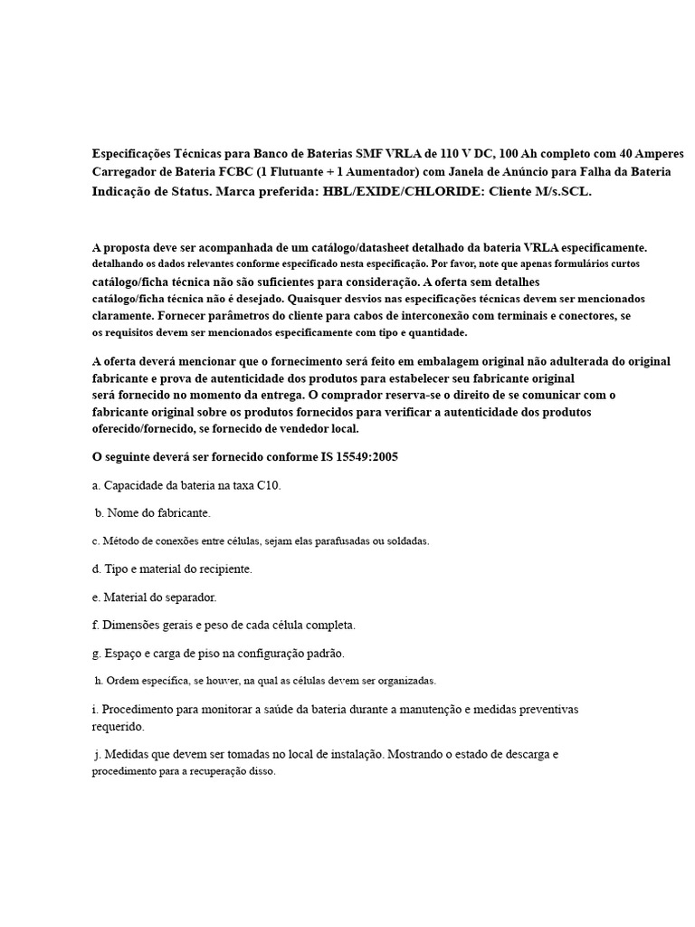 Especificações Técnicas para Bateria SMF VRLA de 110 V DC 100 Ah com ...