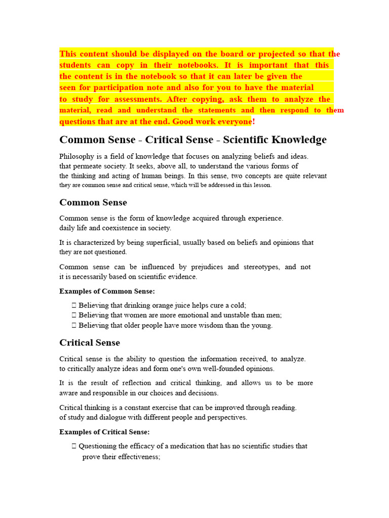 Understanding Common and Critical Sense | PDF | Science | Knowledge