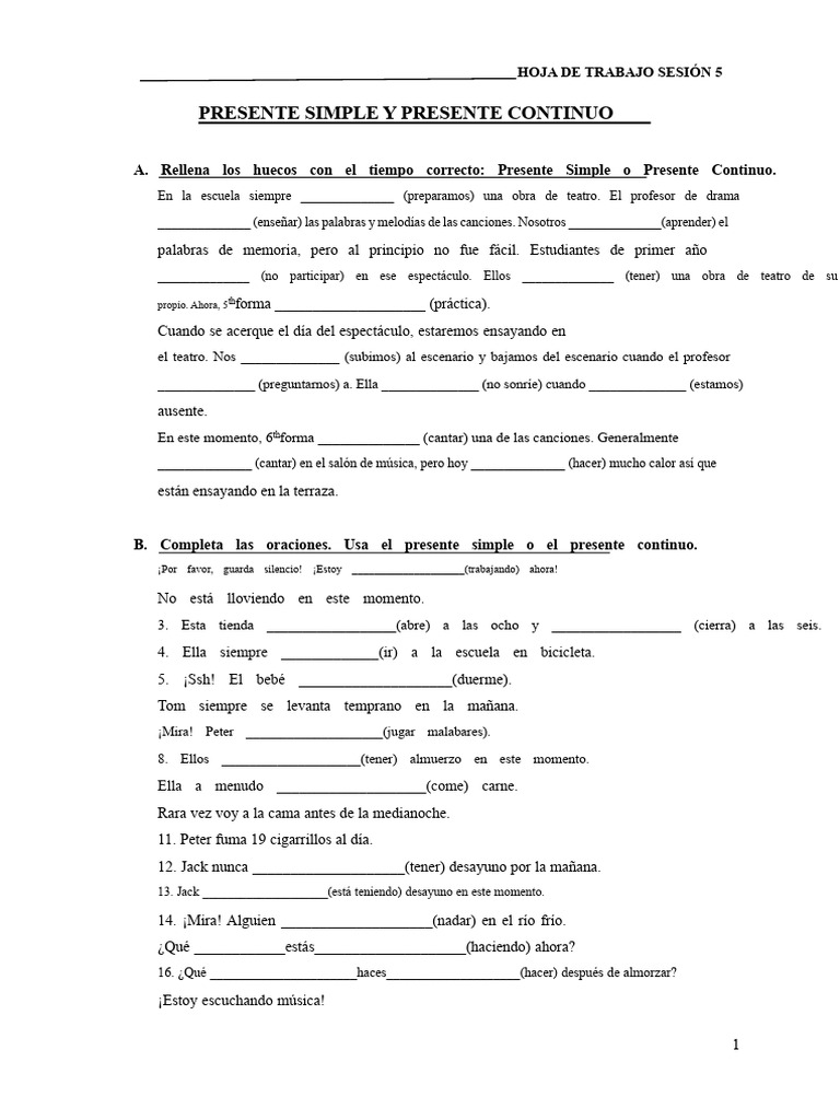 Ejercicios de Presente Simple y Continuo | PDF | Almuerzo