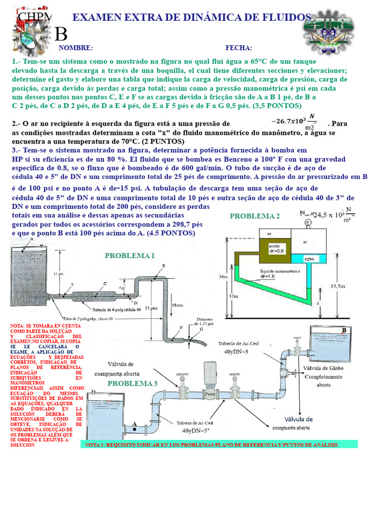 EXAME EXTRA DE DINÂMICA DE FLUIDOS - B | PDF | Bomba | Pressão