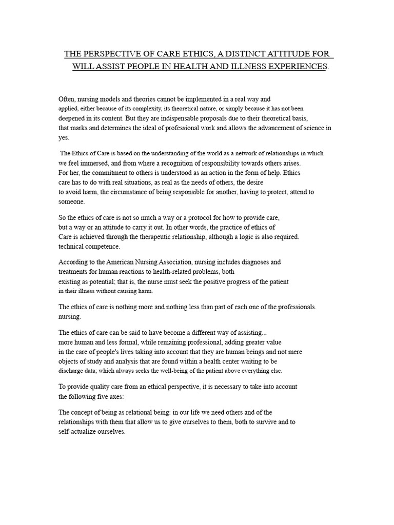 Ethics of Care in Nursing Practice | PDF | Well Being | Nursing