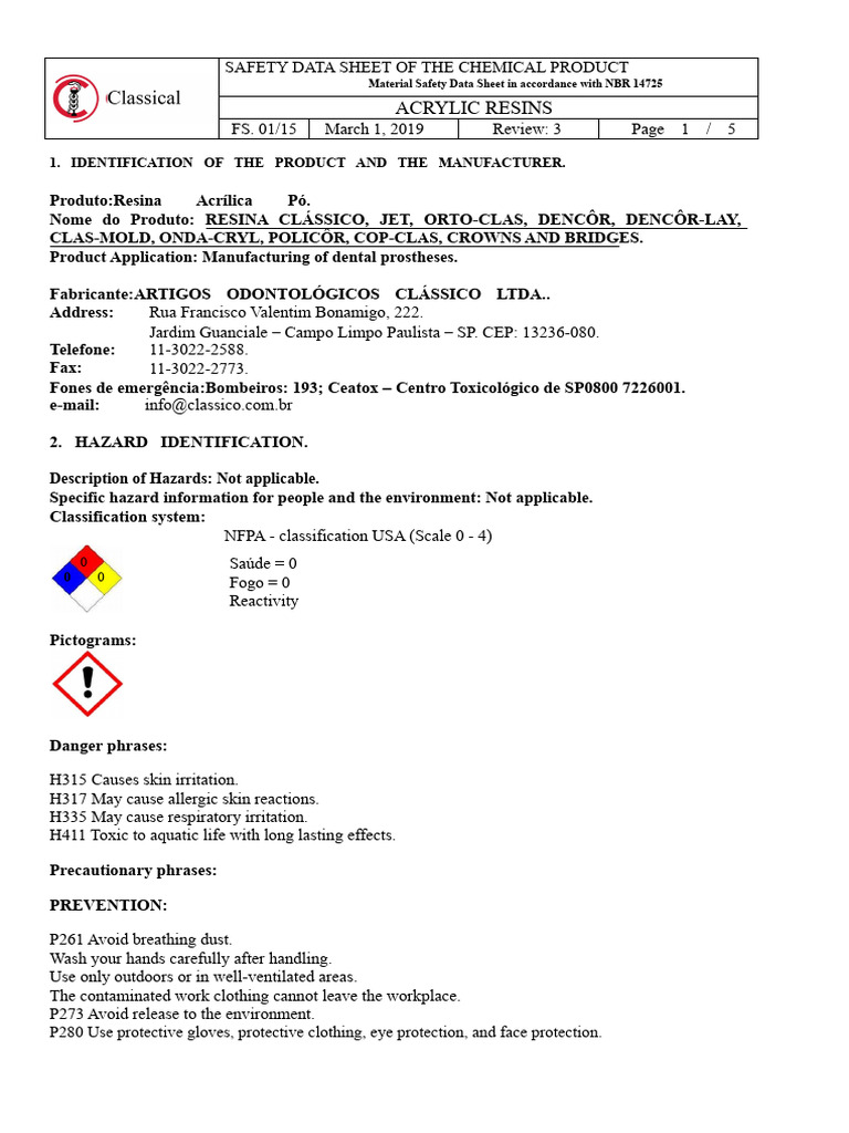 Thermo Polymerizing Acrylic - Classic Line (Powder) - Safety Data Sheet ...
