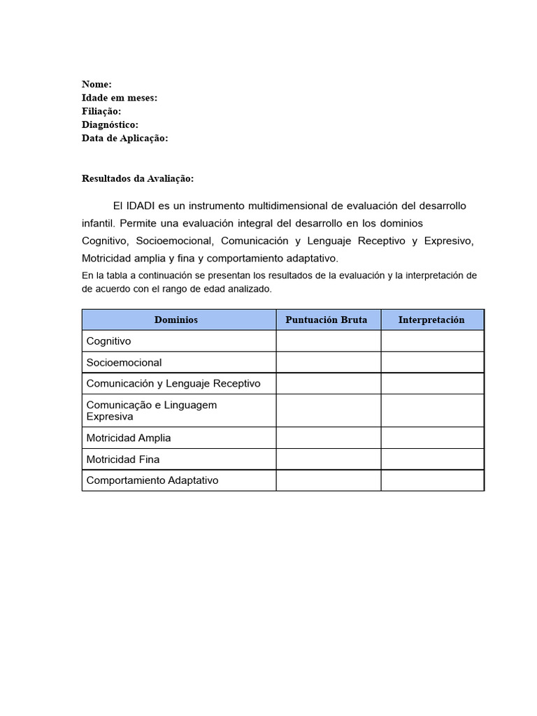 Evaluación del Desarrollo Infantil IDADI | PDF