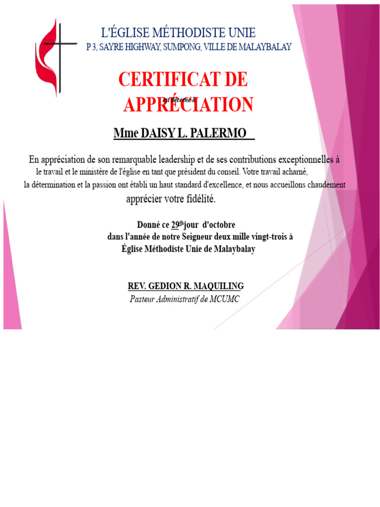 Certificats de reconnaissance à l'Église Méthodiste Unie | PDF