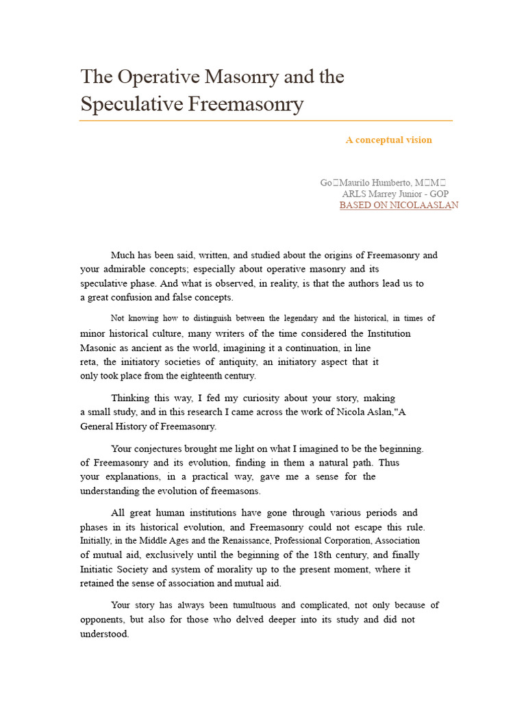 Operative vs. Speculative Freemasonry | PDF | Freemasonry | Masonic Lodge