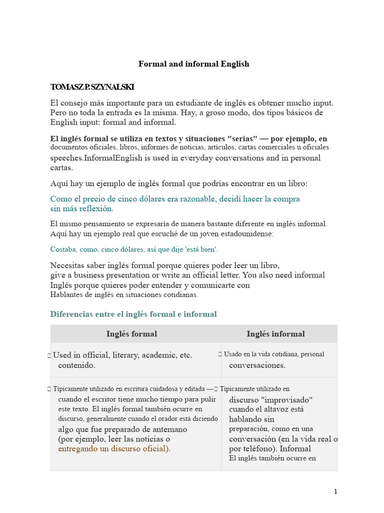 Diferencias entre inglés formal e informal | PDF | Idioma en Inglés ...