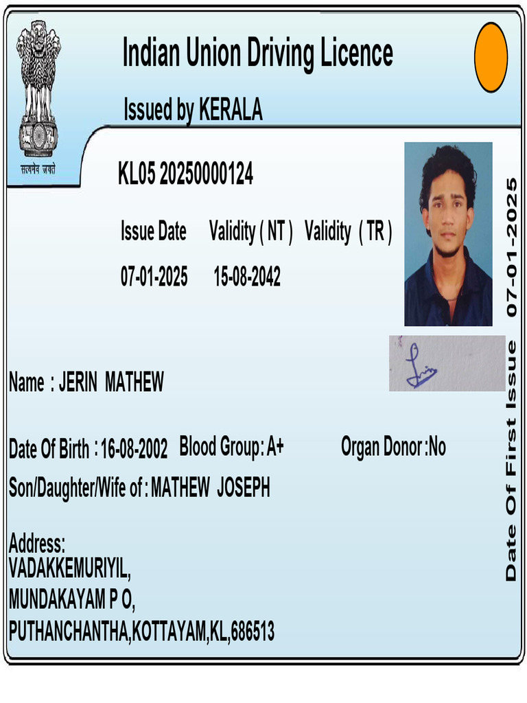 Indian Driving Licence Details for Jerin Mathew | PDF