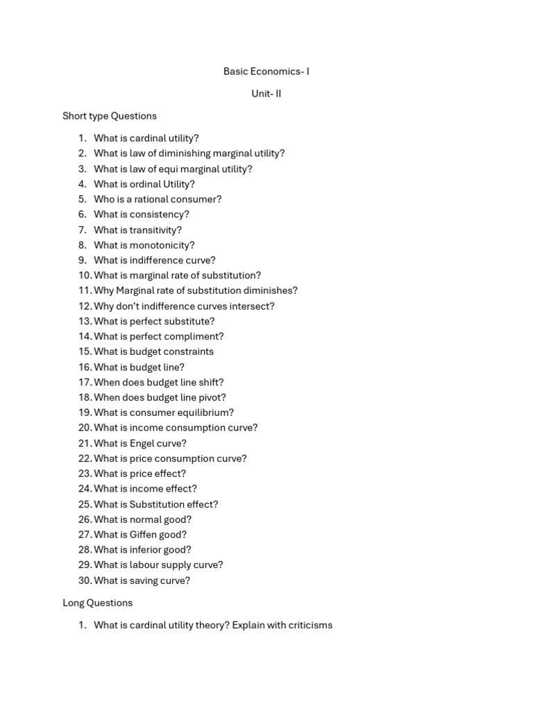 Qus Unit-2 Basic Economics - I | PDF | Utility | Demand Curve