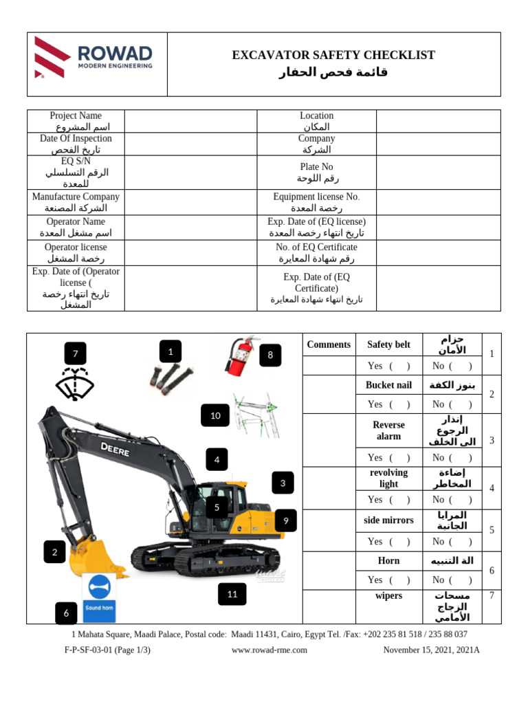 F P SF 03 01 Excavator Safety Checklist | PDF
