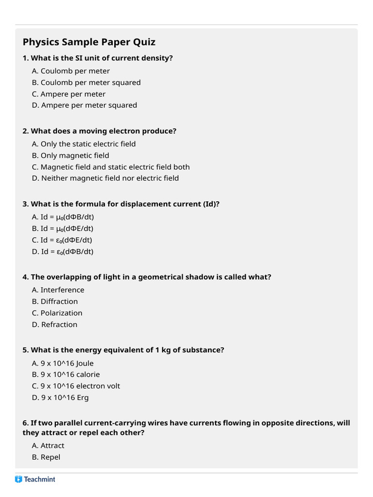 Physics Sample Paper Quiz | PDF