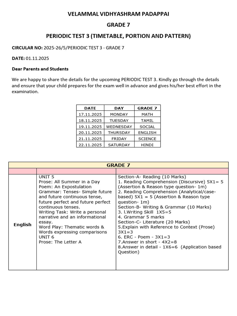 GR 7 PT3 TIMETABLE , PORTION AND PATTERN | PDF