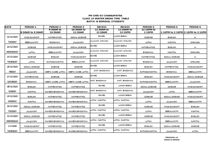 Winter Break Time Table Class 10-Remidial | PDF
