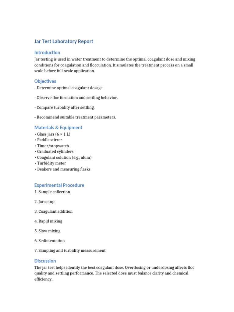 Optimal Coagulant Dosage Jar Test Report | PDF