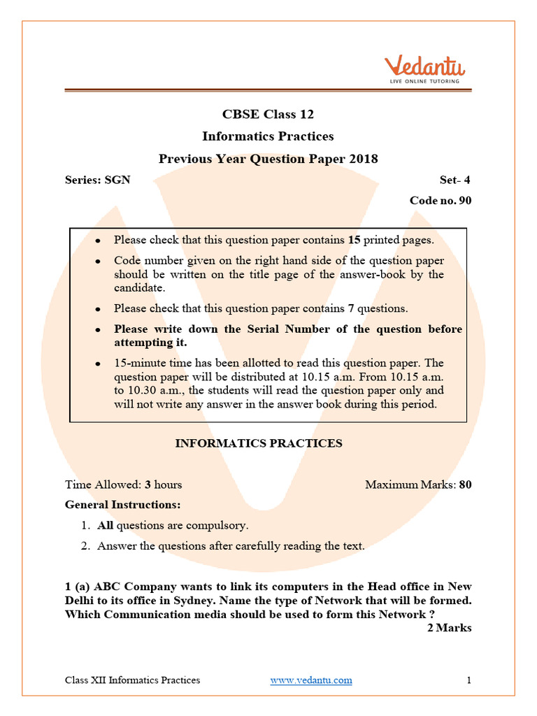 CBSE Class 12 Informatics Practices Paper | PDF | Computer Network ...