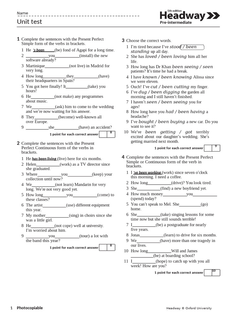 Present Perfect Unit Test for Pre-Intermediate | PDF