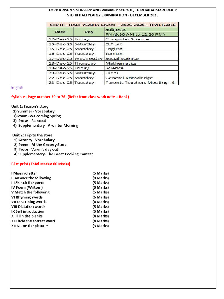 STD III Half-Yearly Exam Syllabus 2025 | PDF | Multiplication