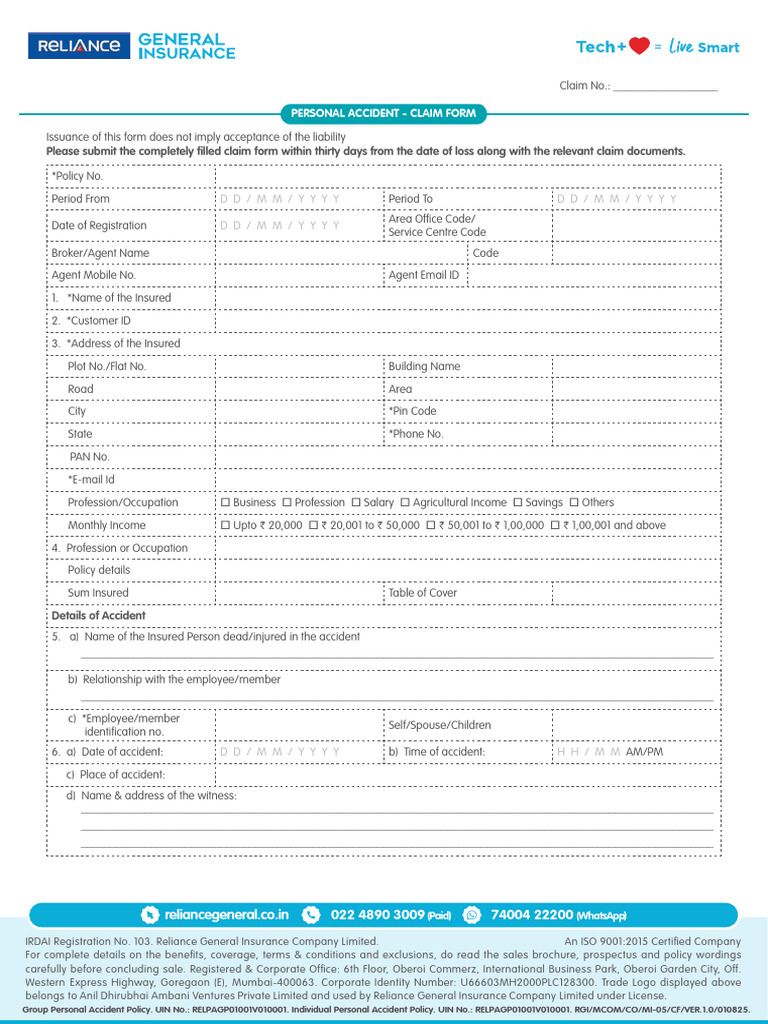 Personal Accident Claim Form | PDF