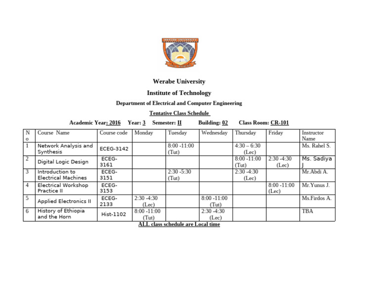 Werabe University ECE Class Schedule | PDF