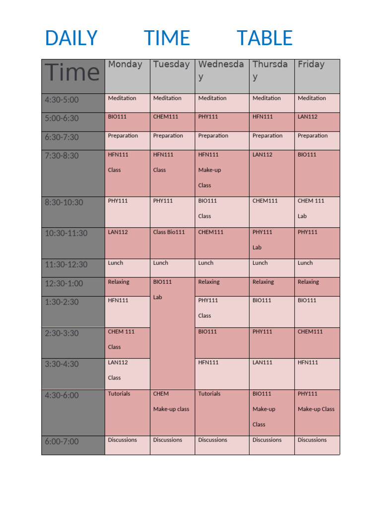 Weekly Class Schedule Overview | PDF