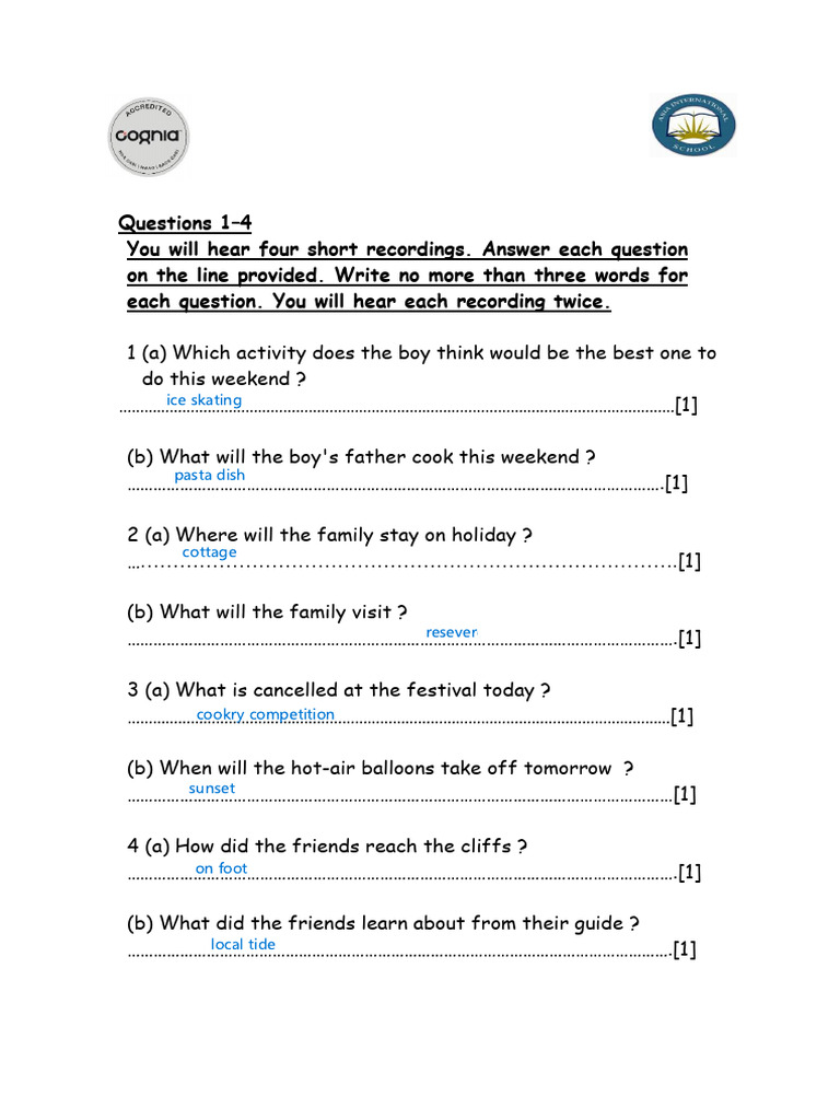 Grade 7 Listening Practice Questions | PDF