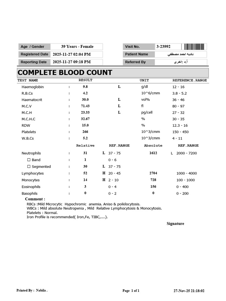 Complete Blood Count Results for Patient | PDF | Tissue (Biology ...