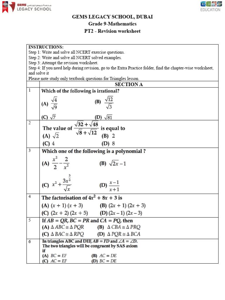 PT2_Gr.9_Math Revision_QP | PDF