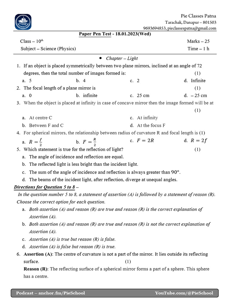 Paper Pen Test Class 10 Board - Light | PDF | Mirror | Electromagnetic ...
