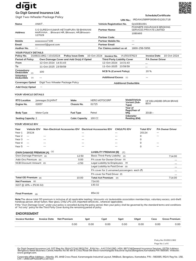 Go Digit Two-Wheeler Insurance Policy | PDF | Insurance | Driver's License