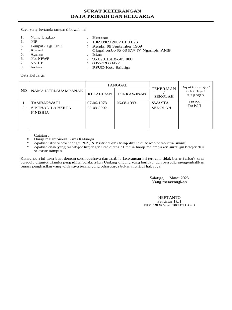 Surat Keterangan Data Pribadi Hertanto | PDF