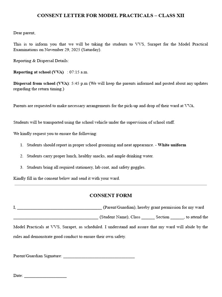 Consent Letter For Model Practicals - Class Xii | PDF