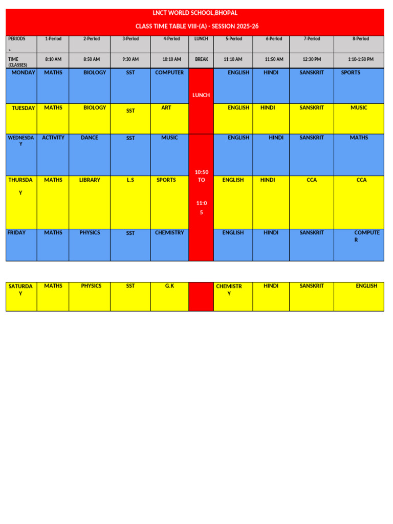 Class Time Table Class 8-1 | PDF