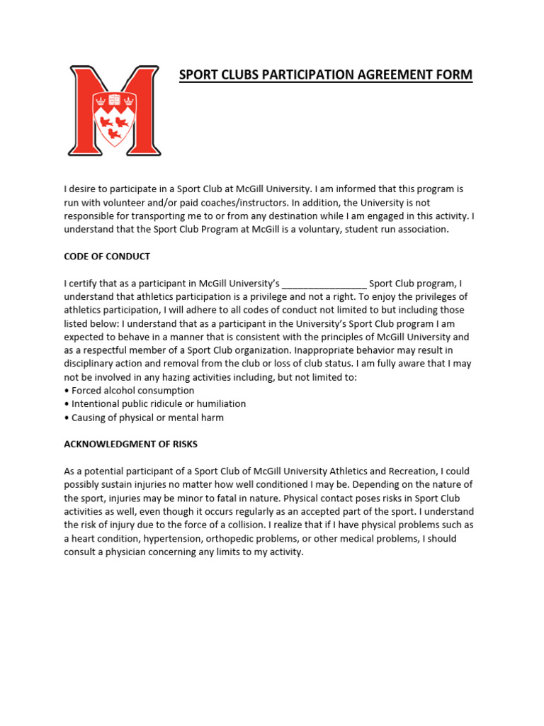 Sport Clubs Participation Agreement Form | PDF | Informed Consent | Consent