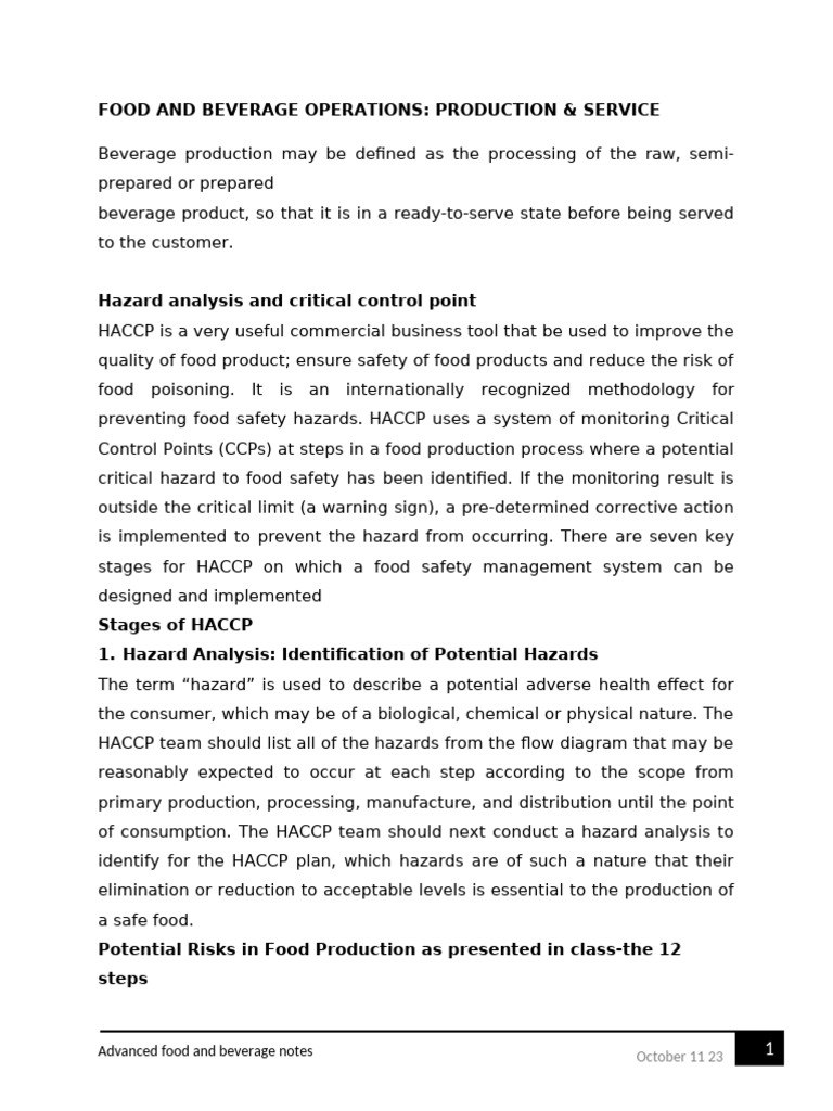 HACCP in Food and Beverage Operations | PDF