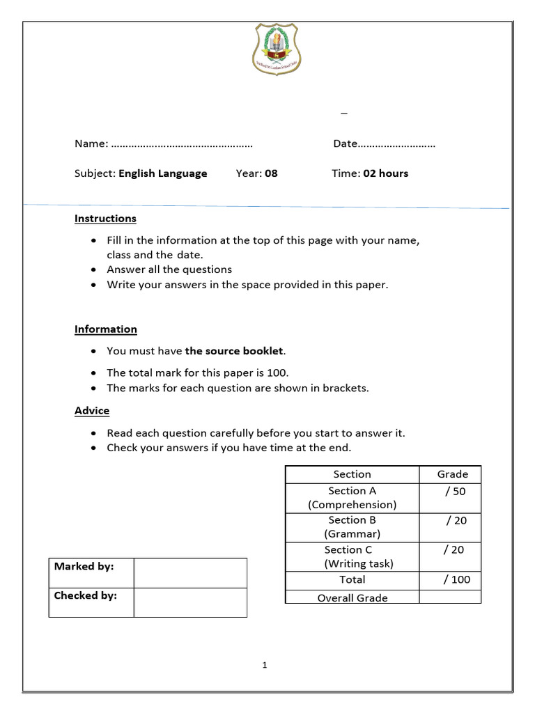 Eng paper - year 8 | PDF | Part Of Speech | Syntax