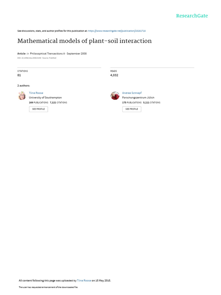 Mathematical Models of Plant-soil Interaction (1) | PDF | Root | Soil