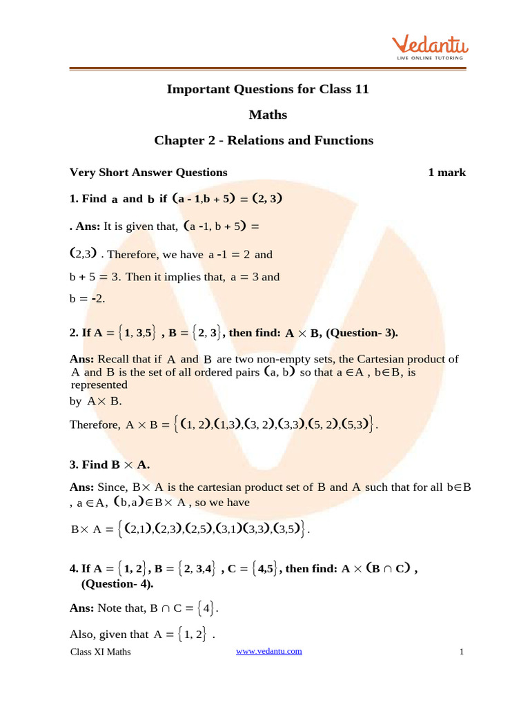 Relations and Functions Important Questions for Class 11 Maths881 | PDF ...