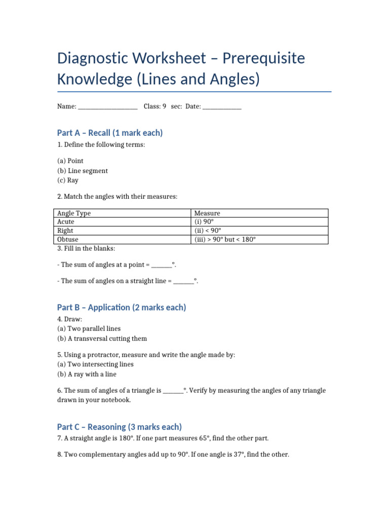 Diagnostic Worksheet: Lines and Angles | PDF