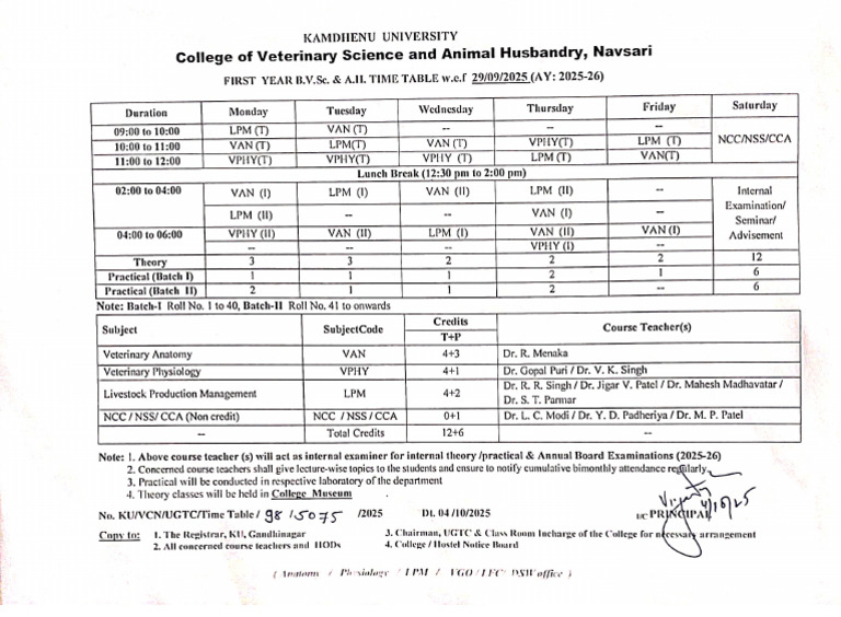 1st Year Time Table 2025-26 | PDF