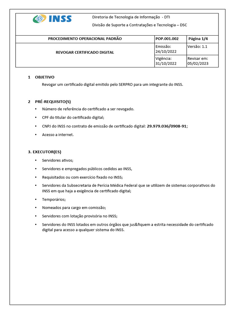 Como Revogar Certificado Digital INSS | PDF