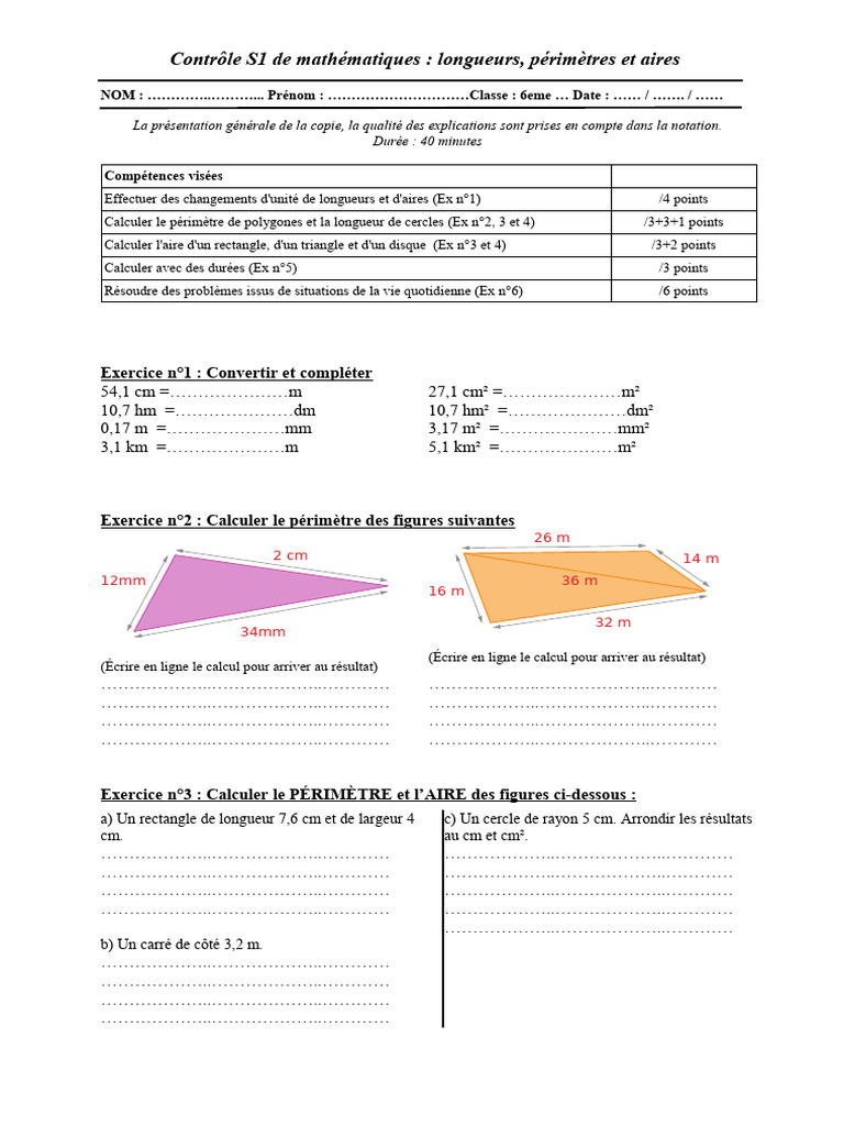 Contrôle de maths : périmètres et aires | PDF | Zone | Géométrie