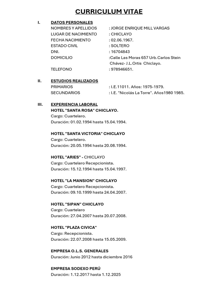 Curriculum Vitae Jorge Enrique Mill Vargas | PDF