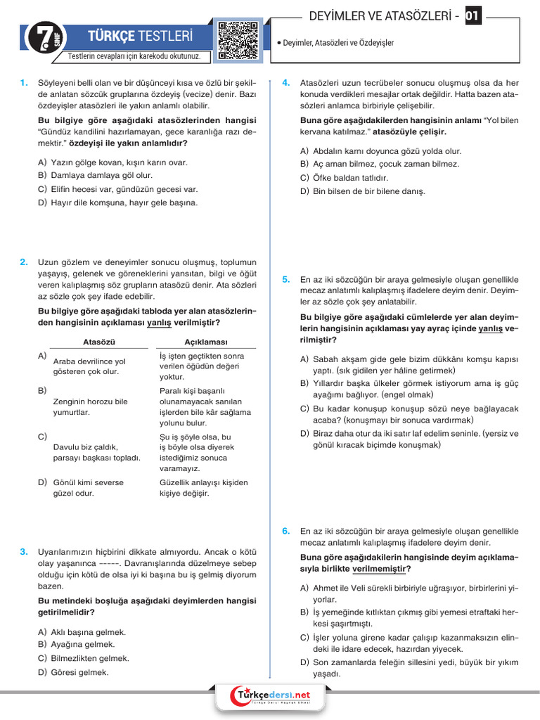 Sinif Indirilebilir Testler Deyimler Ve Atasozleri 01 | PDF