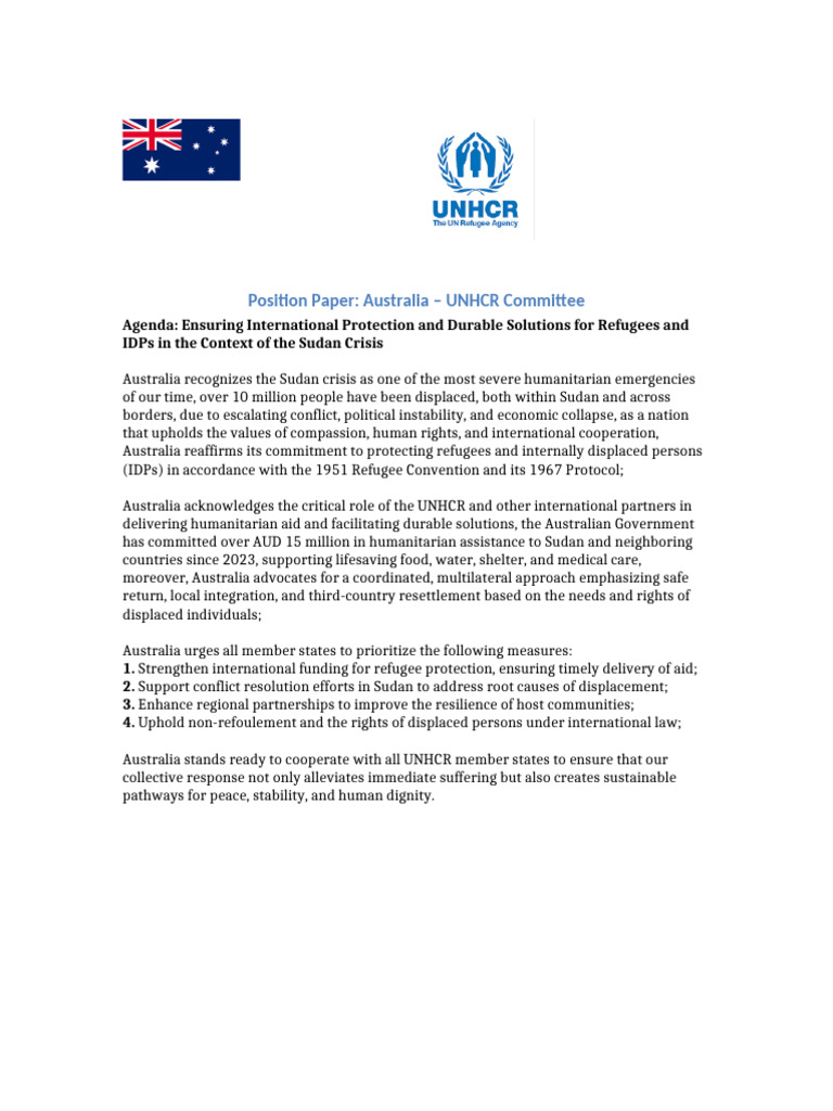 Position Paper Australia UNHCR Sudan Crisis | PDF