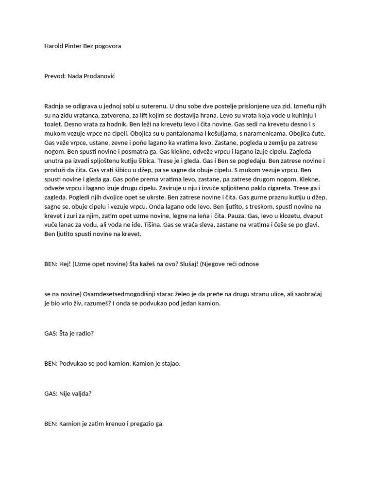 Harold Pinter Bez Pogovora | PDF