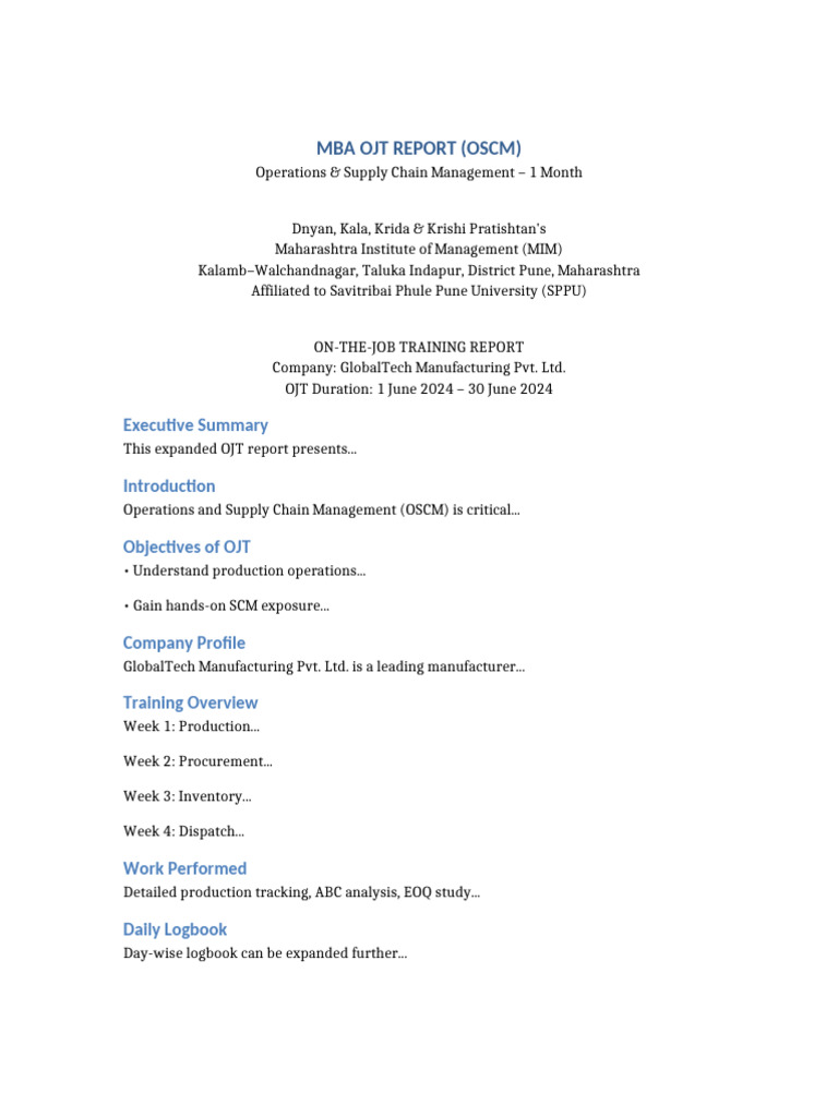 MBA OJT Report: OSCM Insights | PDF