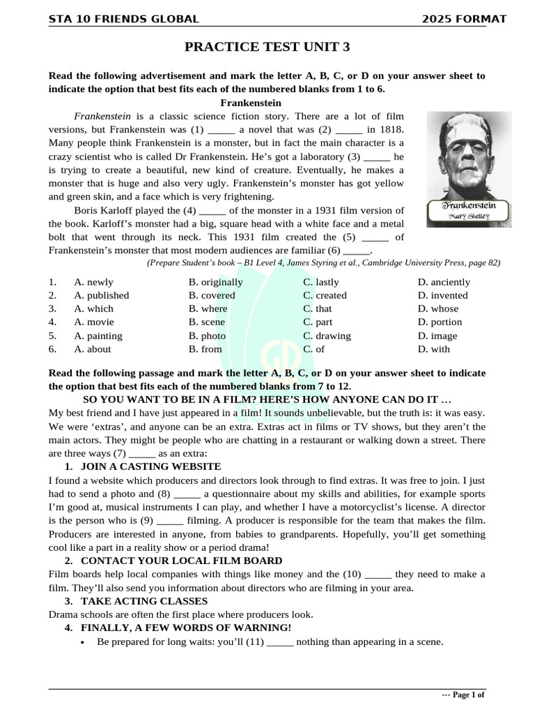 Frankenstein and Film Extras Practice Test | PDF