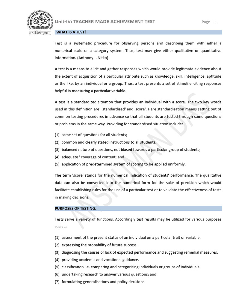 Teacher-Made Achievement Tests Explained | PDF | Educational Assessment ...