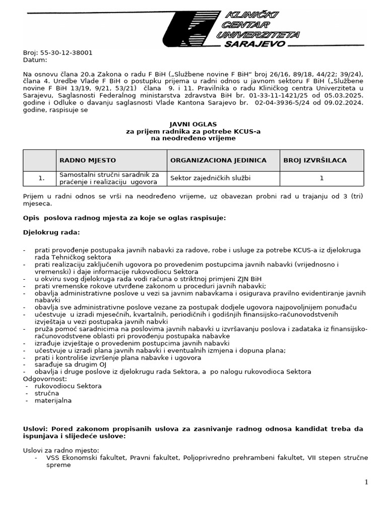 OGLAS SZS Pracenje i Realizacija 2025 | PDF