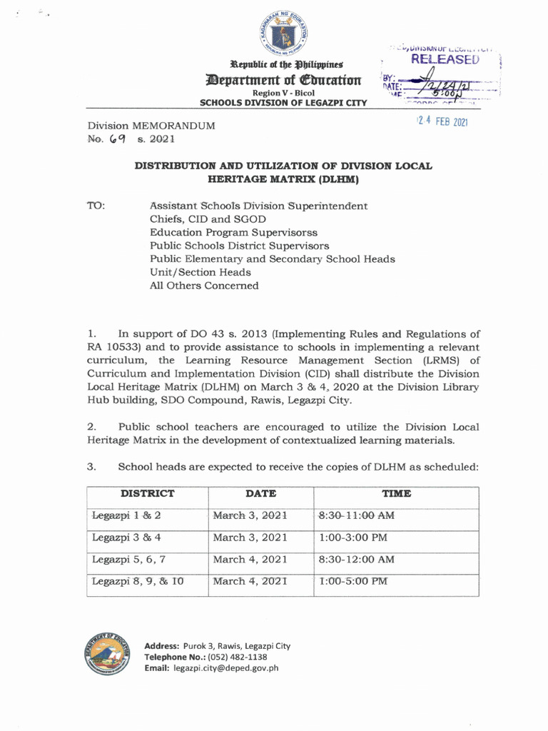 DM No. 69, s. 2021 Distribution and Utilization of Division Local ...