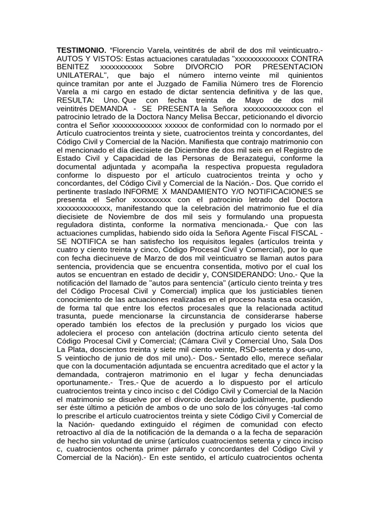 Modelo Testimonio | PDF | Divorcio | Sentencia (ley)